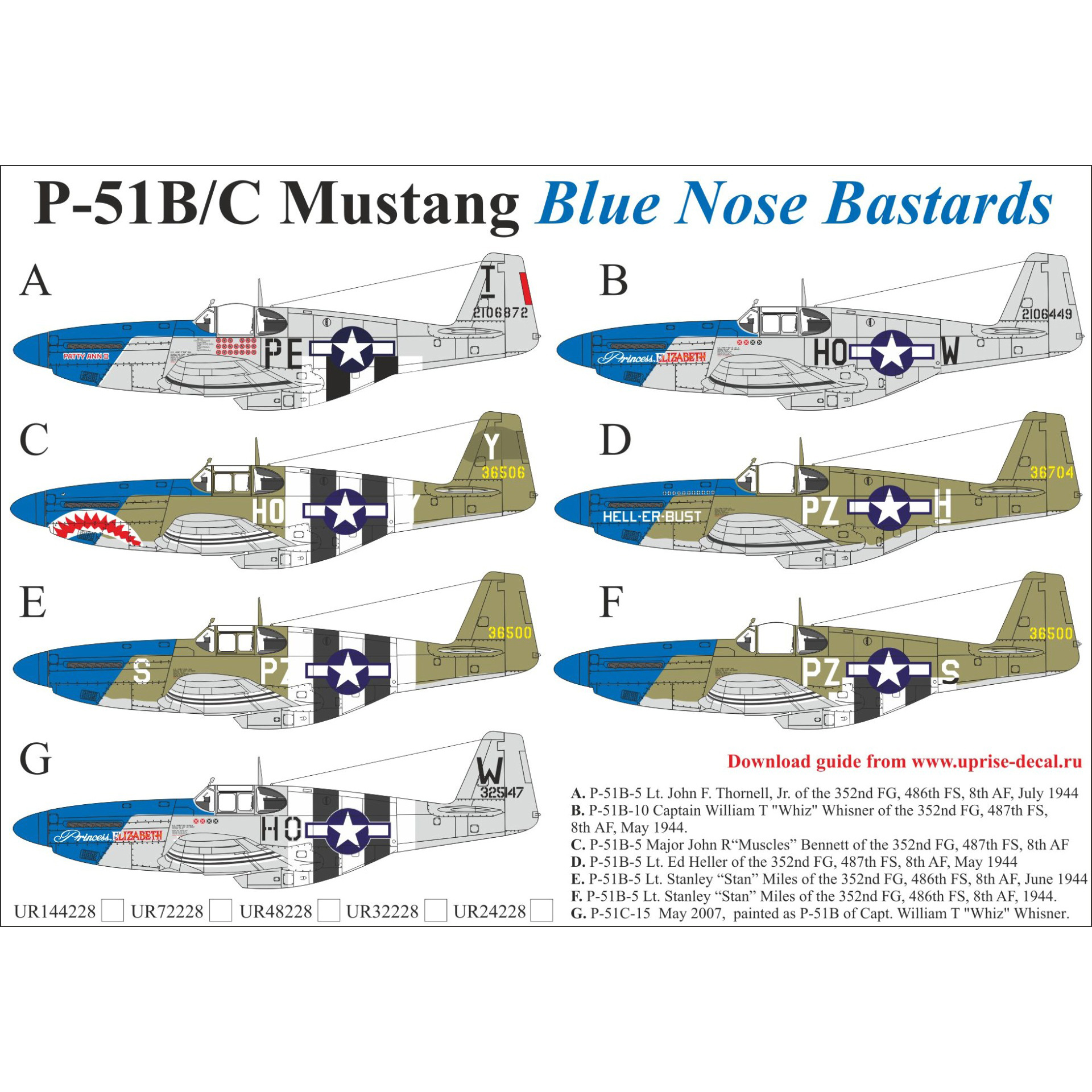 UR32228 Sunrise 1/32 Decal for P-51B/C Mustang Blue Nose :: Decals ...
